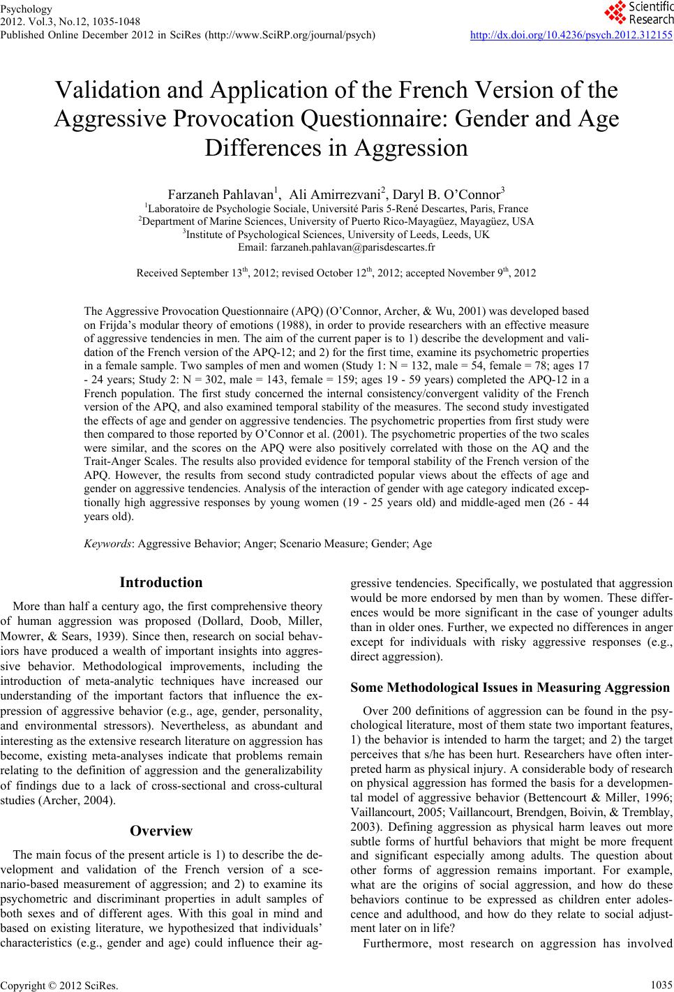 Validation and Application of the French Version of the Aggressive ...